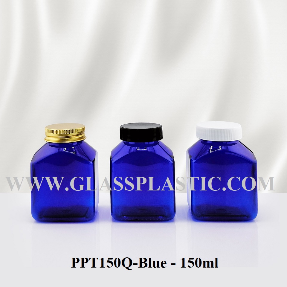 Square Tablet PET Bottle – 150ml Blue – Glass & Plastic Sdn. Bhd.